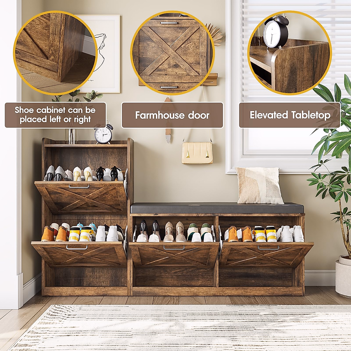 Vabches Shoe Storage Bench with 4 Flip Drawers & Padded Seat Cushion, Farmhouse Shoe Storage for Entryway, Narrow Hallway Shoe Bench, Rustic Brown