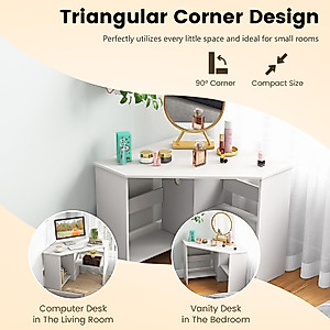 GOFLAME Corner Desk with Storage Shelves, Triangular Computer Desk with Cable Management Holes, Laptop Workstation for Small Space, Makeup Vanity Desk for Living Room, Study, White