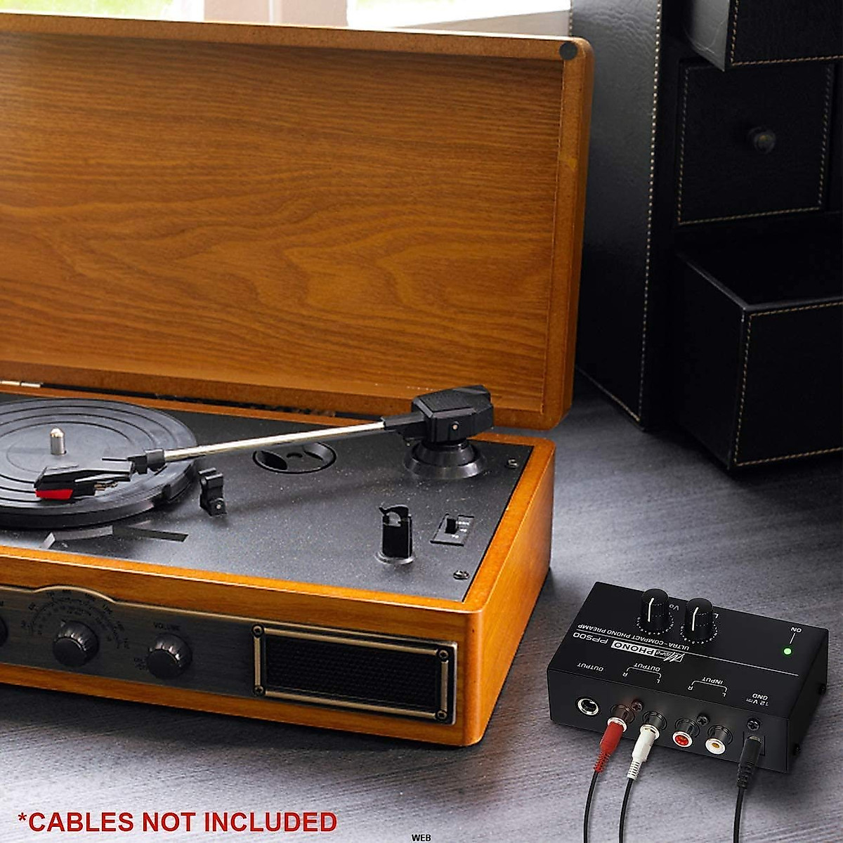 Phono Turntable Preamp-Mini Audio Stereo Phonograph，Separate DC 12V Power Adapter, RCA Input, RCA Output & Low Noise preamp,Portable, Independent Knob Control Operation -Depusheng PP500, Black