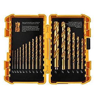 HUAZHICHUN Titanium Twist Drill Bit Set - 16 Pcs Hex Shank High Speed Steel for Wood Plastic Aluminum Alloy, Quick Change, 1/16"-1/2" ，with Indexed Storage Case
