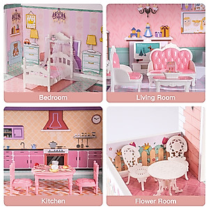 ROBUD Wooden Dollhouse with Elevator 20pcs Furniture 3-Storey Preschool Toy Dollhouse for Kids Girls