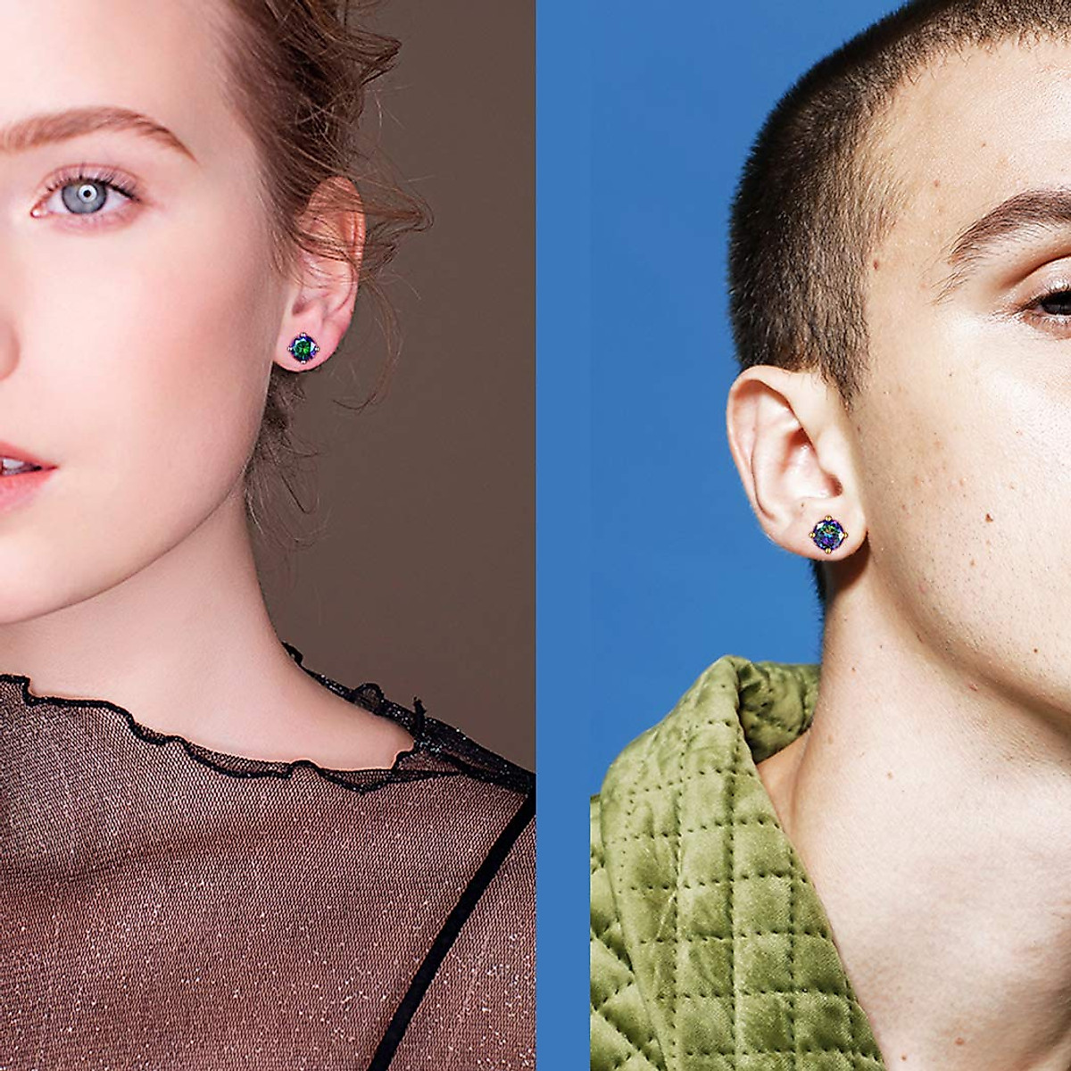 Rainbow Color Mystic Topaz Stud Earrings for Men 925 Sterling Silver Round Solitaire Magic Green Earrings for Women Statement Earrings Birthday Chrismtas Gifts for Women Wife Girlfriend FE0119M