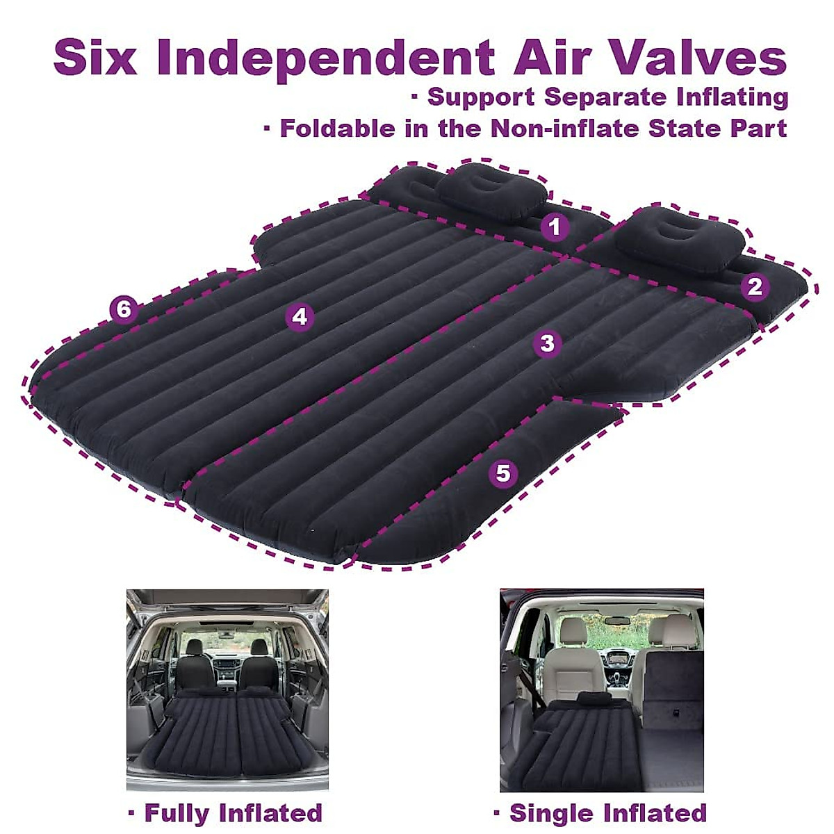 Inflatable Car Mattress, Car Bed for Back Seat, Car Air Mattress with Auto Air Pump, Portable Camping Mattress, Sleeping Pad (SUV Black)