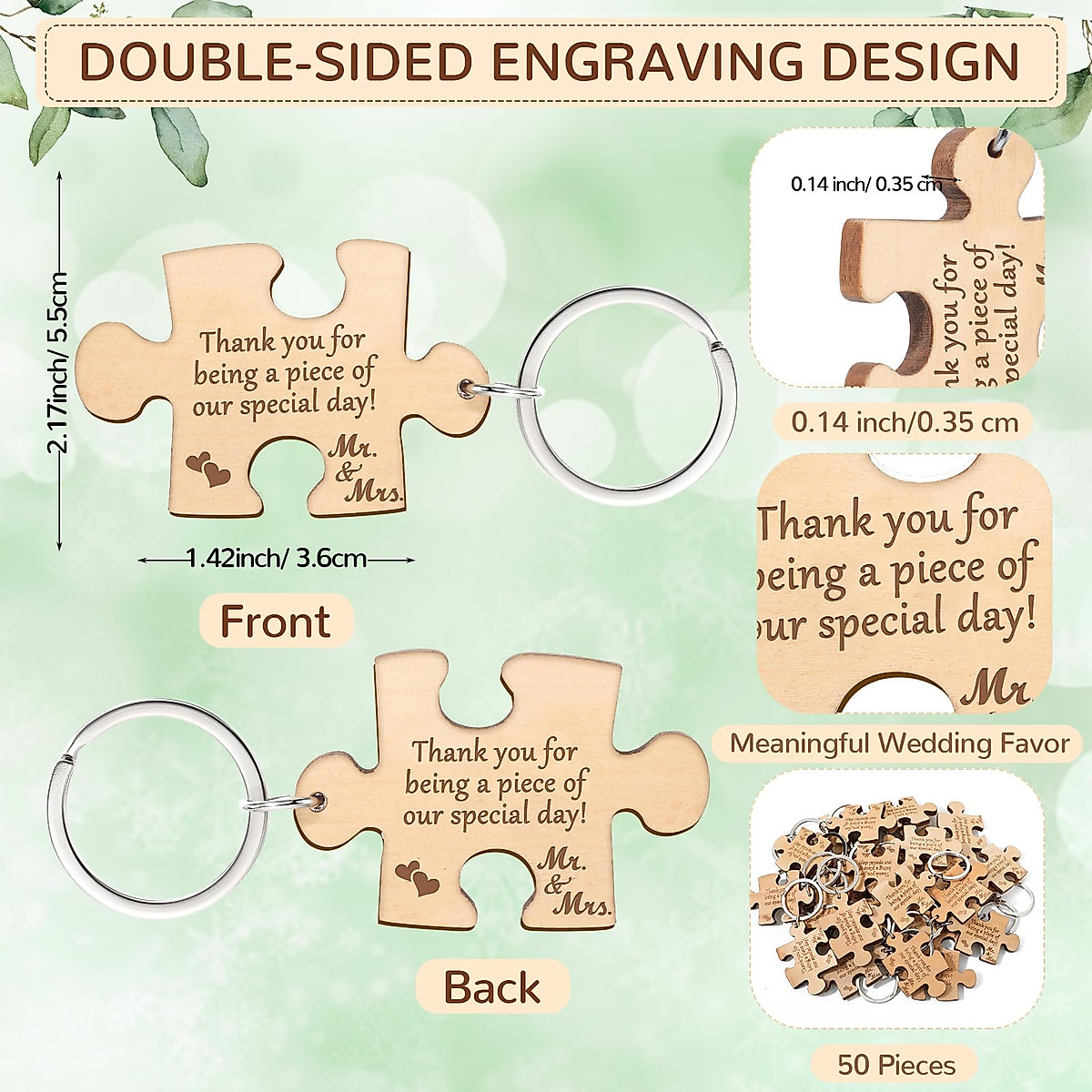 Sintuff 50 Sets Wedding Favors for Guests Rustic Wood Puzzle Keychain Thank You Card Organza Bag Wedding Party Bridal Shower Souvenir (Natural Wood)