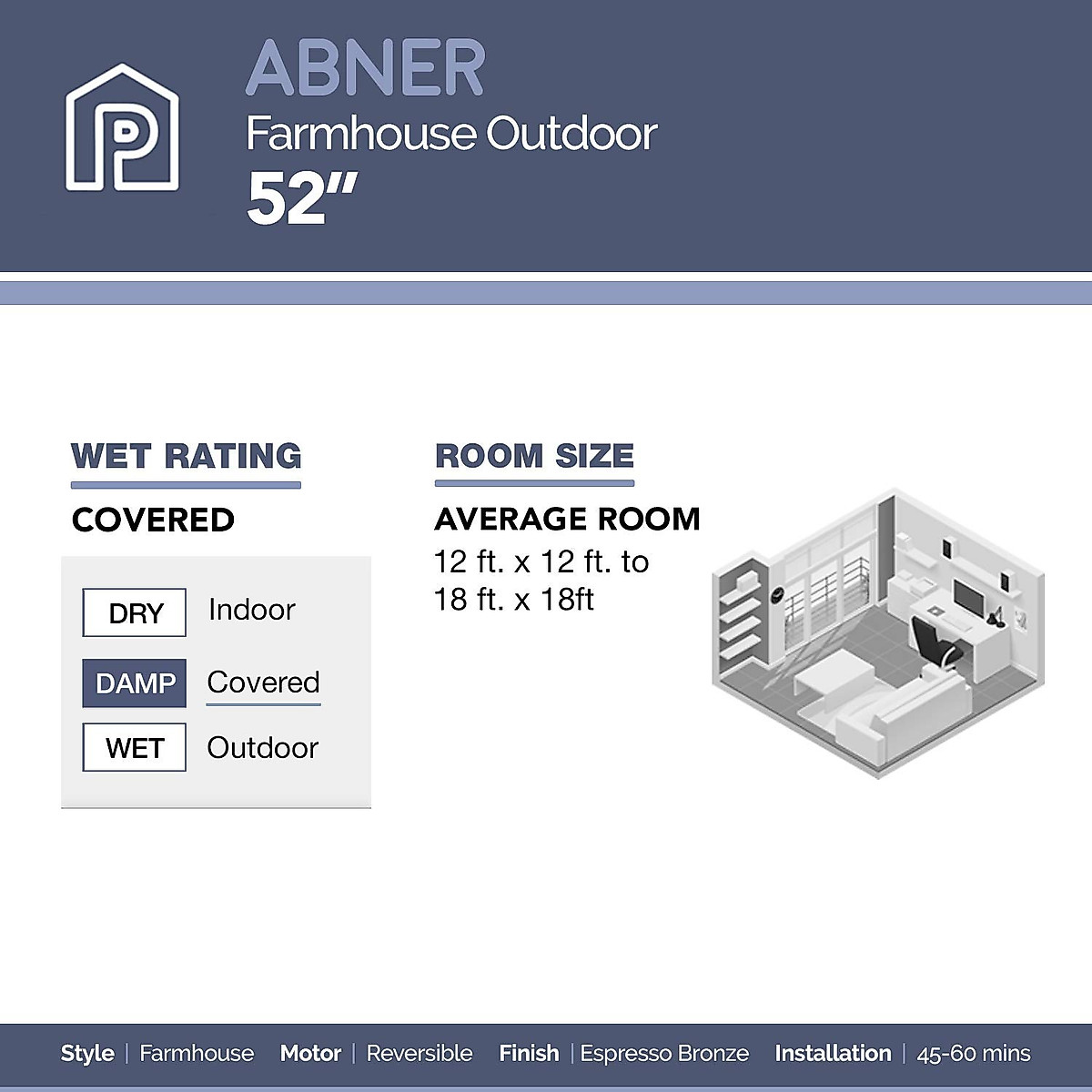 Prominence Home Abner, 52 Inch Modern Farmhouse Indoor Outdoor LED Ceiling Fan with Light, Pull Chain, Three Mounting Options, Dual Finish Blades, Reversible Motor - 80091-01 (Bronze)