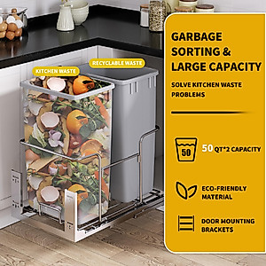 50-Quart Pull-Out Trash Can with Lid Double Bins, Sliding Under Mount Kitchen Pullout Waste Container Trash Can, Gray