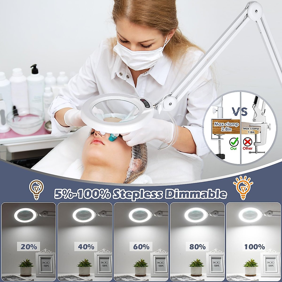 5X Magnifying Glass with Light and Stand, Veemagni 2,200 Lumens Magnifying Floor lamp with 5 Wheels Rolling Base, LED 5 Color Modes, Stepless Dimmable Lighted Magnifier for Esthetician, Facials, Salon