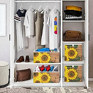 RunningBear Sunflowers Wood Autumn Storage Basket Storage Bin Square Collapsible Storage Cubes Large Toy Box Organizer for Kids Room Bedroom