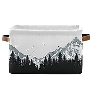 xigua Mountains Rectangular Storage Bin Collapsible Storage Box Canvas Toy Basket Large Foldable Storage Organizer with Leather Handles for Living Room Bedroom Kitchen Kids Room