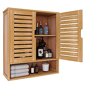 SMIBUY Bathroom Cabinet Wall Mounted, Bamboo Over-The-Toilet Storage Organizer, Space Saver Medicine Cabinet with 2 Door and Adjustable Shelves (Natural)