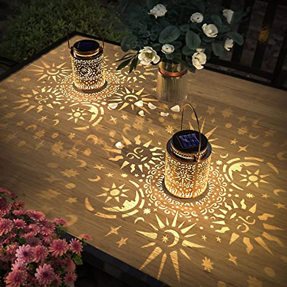 Gardencave 2 Pack Solar Lanterns Outdoor Hanging Solar Lights Decorative Waterproof Metal Sun Moon Star Solar Lantern for Patio Porch Yard Backyard Table Garden Decor (Gold, 2 Pack)