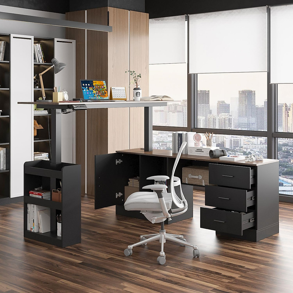 MOUMON Electric Standing Desk with Drawers and Shelves, Executive Desk Adjustable Height Desk, L-Shaped Design, 63 inch Tabletop, for Office Deep Brown and Black (63”W x 63”D x 29.6-45.3”H)