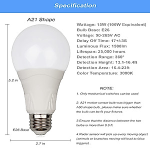 GREENIC Radar Motion Sensor Light Bulbs, 3000K Warm White 15W (100W Equivalent) E26 A21 Upgraded Motion Activated Dusk to Dawn LED Bulbs for Outdoor, Porch, Garage, Driveway, Patio, Stairs