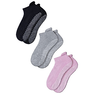 RATIVE Anti Slip Non Skid Barre Yoga Pilates Hospital Ankle Socks with grips for Adults Men Women (Small, 3-pairs/black+grey+pink)