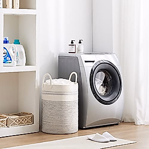 72L Large Woven Rope Laundry Hamper by Fiona's magic, Tall Laundry Basket Storage, Baby Nursery Hamper for Blankets, Toys and Clothes Hamper for Bedroom and Living Room Organizing, Jute, White