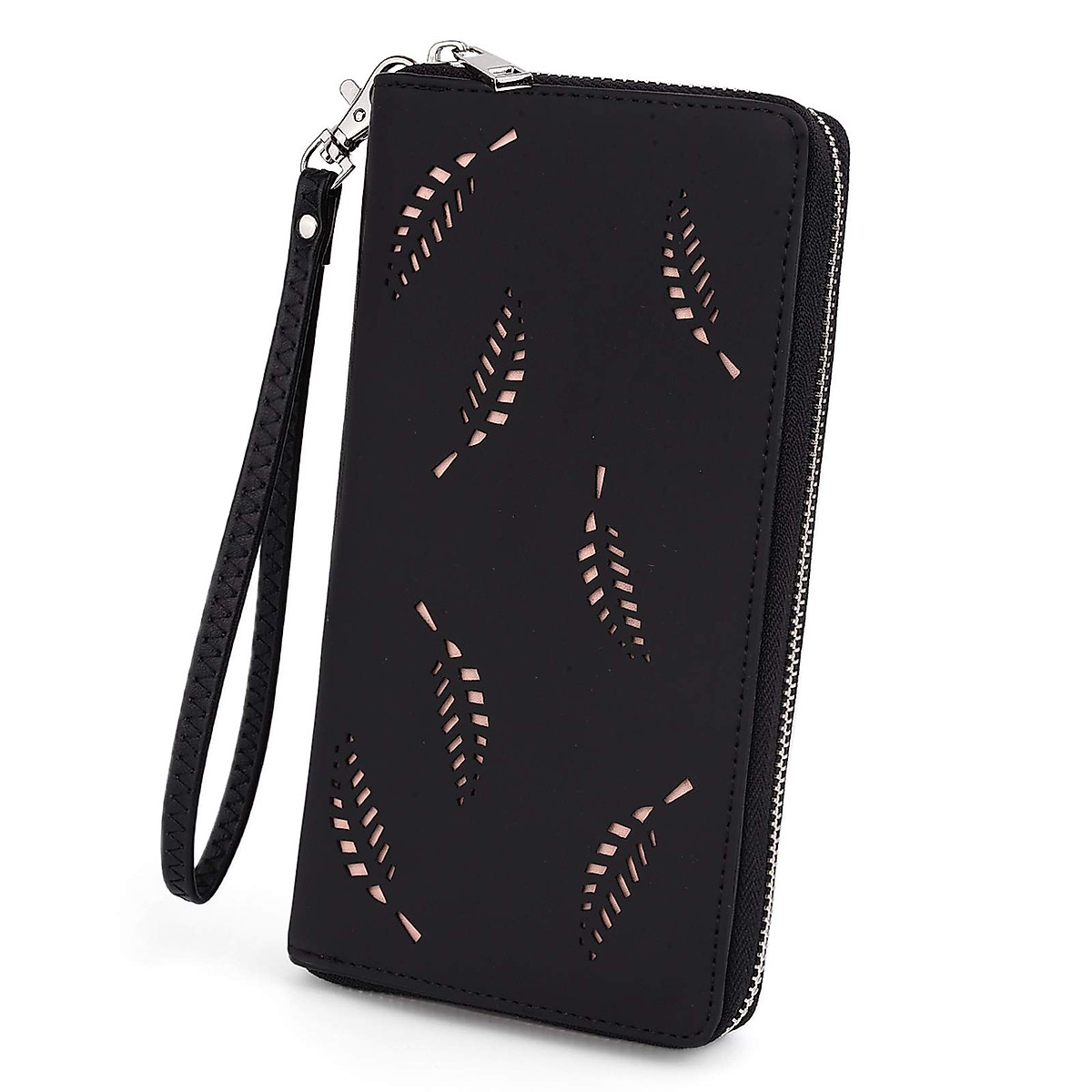 UTO Women Wallet Large Leather Hollow-Carved Leaf Card Holder Checkbook Passport Organizer Ladies Travel Clutch with Wristlet