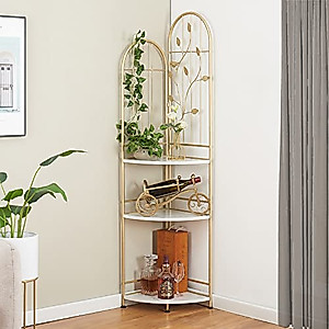 GOLASON Gold Corner Shelf with Storage, 3-Tier Tall Corner Bookshelf, Distinctive Plant Stand Flower Rack, Free Standing Display Shelving Unit for Living Room Kitchen Balcony (Gold and White)