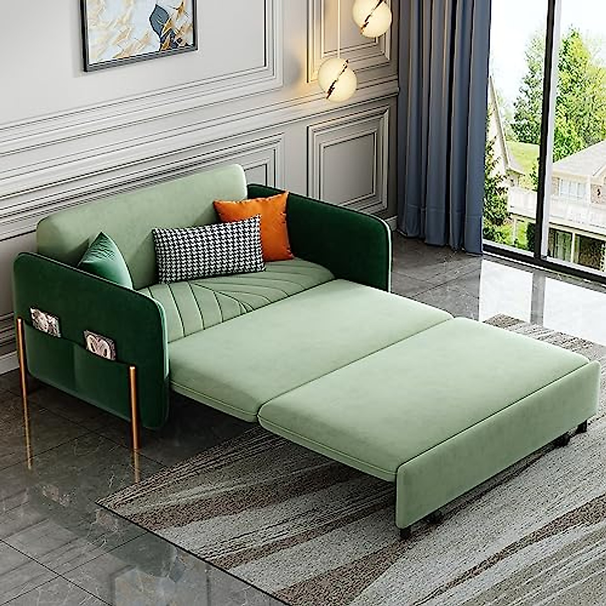 comfor u 53.5" Full Sleeper Sofa Green Upholstered Convertible Sofa Bed 3 in 1 Sleeper Sofa Couch Bed, Small Tufted Velvet Convertible Loveseat Futon Sofa w/Pullout Bed, Multi-Pockets for Living Room