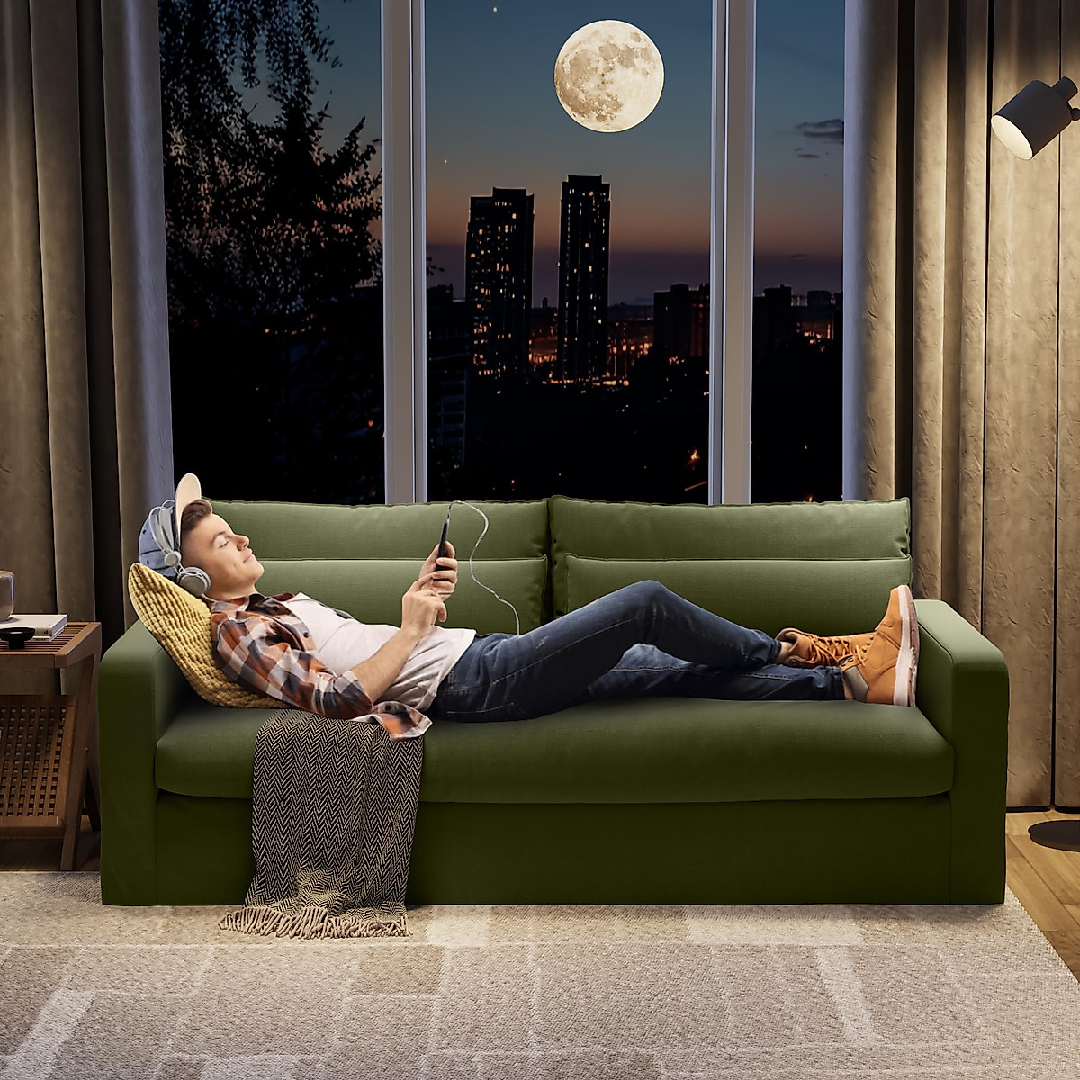 Meeyar 80 Inch Down Sofa Couches for Living Room Linen Fabric 3 Seater Couch with Lumbar Pillows and Wooden Legs Cloud Sofa Upholstered Furniture for Home Office Bedroom Apartment Lounge, Olive Green