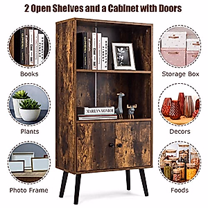 Tangkula Retro Bookcase, Industrial 2 Tier Bookshelf with Doors & Solid Wood Legs, Mid-Century Modern Storage Cabinet in Living Room Bedroom Office (Rustic Brown)