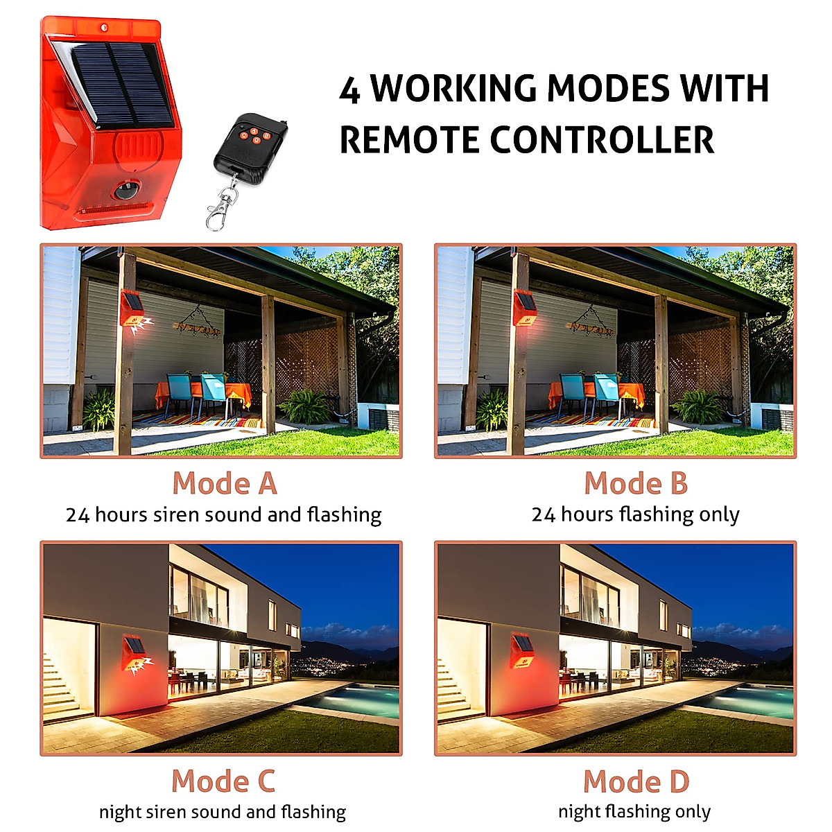 Outdoor Alarm Siren with Motion Detector Solar Alarm Light with Remote Controller 129db Sound Security Siren IP65 Waterproof 24 Hours & Night Mode for Home, Farm, Villa, Yard