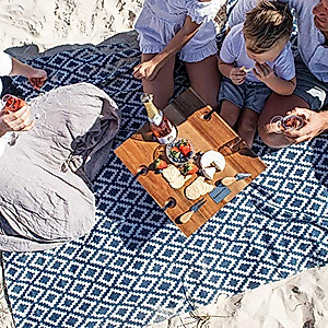 Komorebi Large Outdoor Waterproof Picnic Blanket (78"x59") 100% Cotton | Leather Carrier | Soft Diamond Jacquard Picnic Mat for up to 4 Adults (Blue/White)