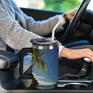 YTLKGFP 40 Oz Large Capacity Car Cup Beach Palm Tree Tumbler with Handle (Black) Straw Lid Insulated Stainless Steel Water Bottle Travel Mug Leak-proof Car Cup Keeps Cold Or Hot