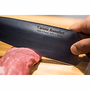 Cuisine Romefort | Sharp Carbon Steel Chef's Knife XC75, 8.7 in blade, with Leather sheath | chef knives with wooden handle | kitchen knife hardened with 58 Rockwell