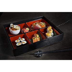 JapanBargain 1591, Red and Black Japanese Traditional Plastic Lacquered Lunch Bento Box 6 Compartments for Restaurant or Home Tray and Plate 2pc Set Made in Japan, 11.75"x9.5"