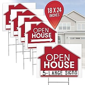 Open House Real Estate Signs – 18x24 Inches 5 Pack Set - Double Sided Red Property Yard Sign Bulk Pack - Includes 5 Heavy Duty Rust Free H Wire Stakes - Large Directional Arrows Realtor Agent Supplies