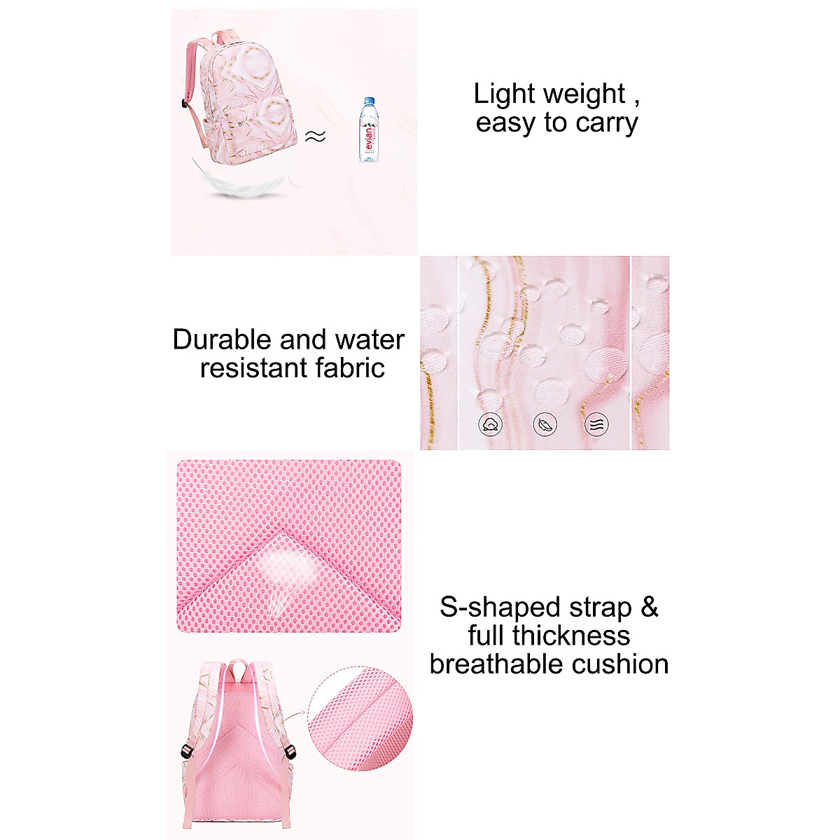 JiaYou Teens Girls Backpack Sets 3Pcs Daypack with Lunch bag Pencil case marble pattern print(Pink,20Liters)