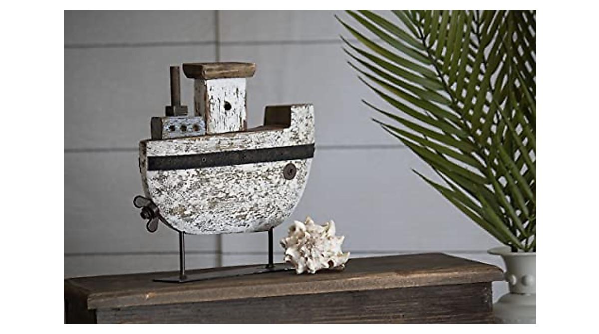 Rustic Tug Boat Wood Sculpture Table Top Decor | White