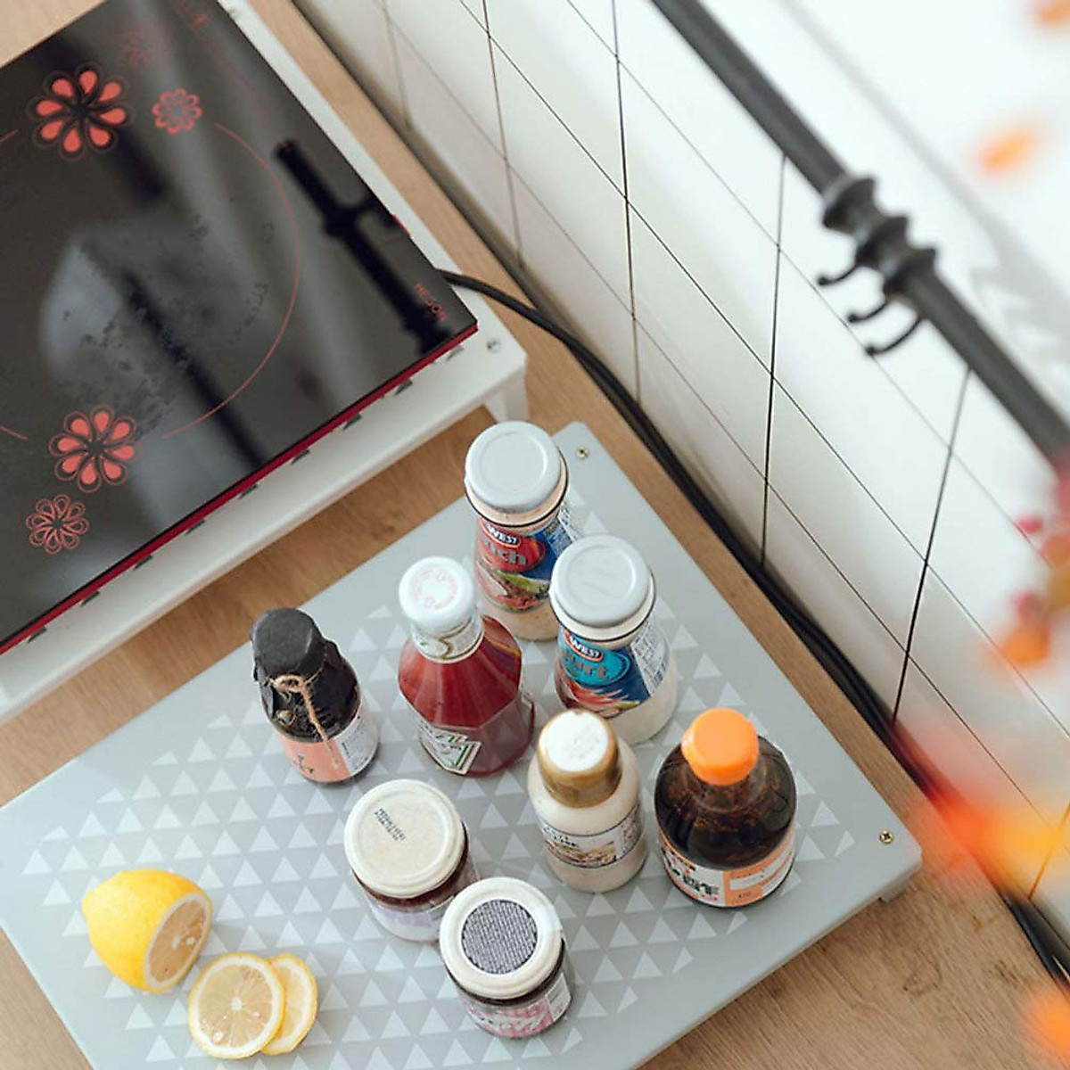 Hemoton Microwave Oven Rack Shelf Toaster Stand Kitchen Counter Seasoning Storage Rack Cabinet Organizer for Kitchen Utensils Towels Spices (Grey)