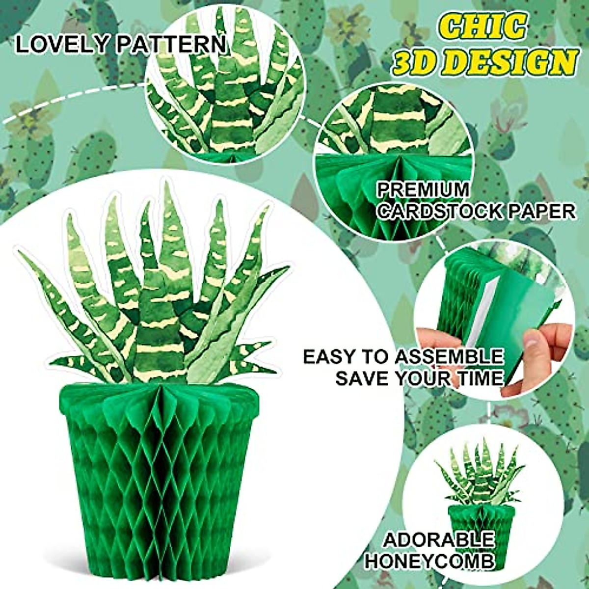 Whaline 10Pcs Cactus Honeycomb Centerpiece Potted Succulent Paper Table Topper Rustic Bloom Theme Summer Party Table Decoration for Birthday Hawaiian Luau Baby Shower Photography