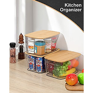 Storage Bins with Lids 4 Pack Stackable Clear Plastic Storage Bins with Bamboo Lids, Refrigerator Organizer Bins,Small Storage Containers for Organization and Storage, Sturdy and Stackable, 6.8 Quart