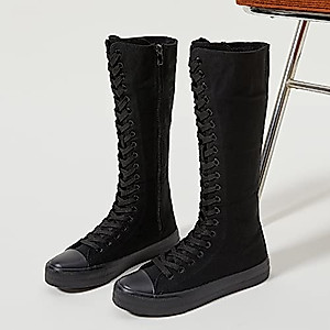 ZGR Women’s Canvas High Top Shoes Knee High Boots Fashion Girl Fancy Scool Shoes White And Black Lace Up Zipper Sneakers For Women(Black;US09.5)