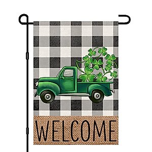 Welcome St Patricks Day Garden Flag 12x18 Inch Double Sided Burlap, Truck Lucky Shamrocks Sign Farmhouse Yard Outdoor Decor DF185
