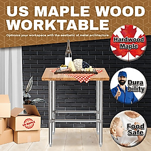 US Maple Top Work Table - 30 x 24 x 35 Inch Commercial Butcher Block Wooden Workbench with Open Base Stabilizing Leg Cross Braces - Fits Restaurant, Warehouse, Home, Kitchen, Garage by DuraSteel