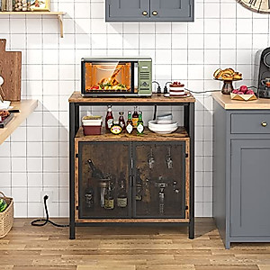 Unikito Wine Bar Cabinet with RGB Light and Outlet, FreeStanding Wine Rack Table, Liquor Cabinet with Glass Holder, Floor Bar Cabinet for Liquor and Glasses for Home Kitchen Dining Room, Rustic Brown