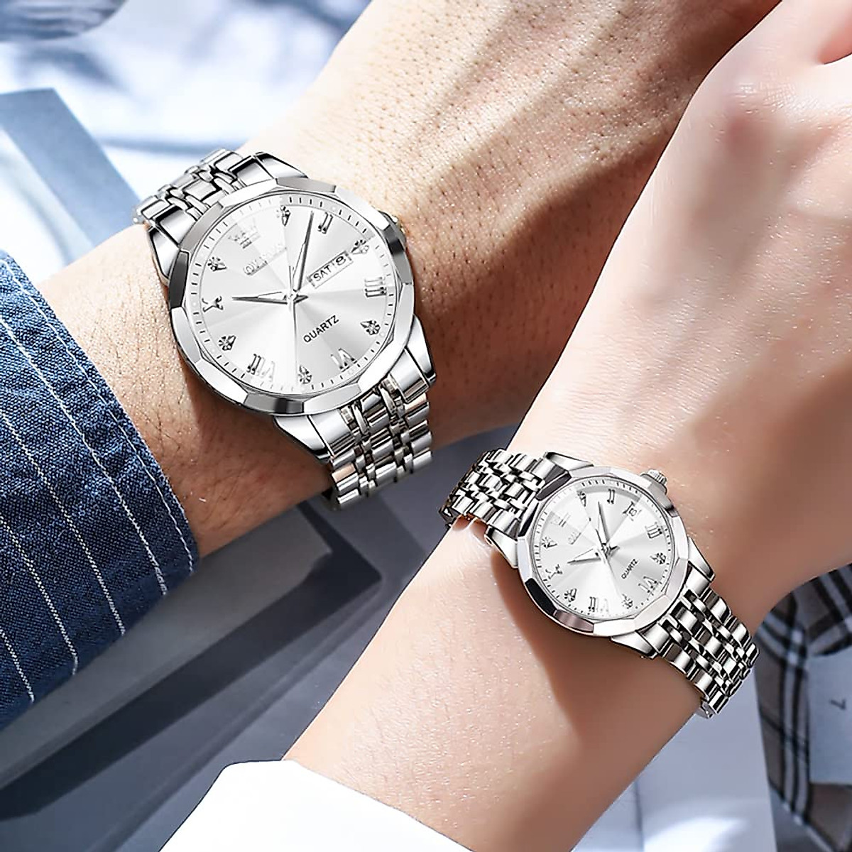OLEVS Valentine's Day His and Her Couple Watches Fashion Dresse Matching Watches Quartz White Face White Stainless Steel Strap Luminous Waterproof Wrist Watch