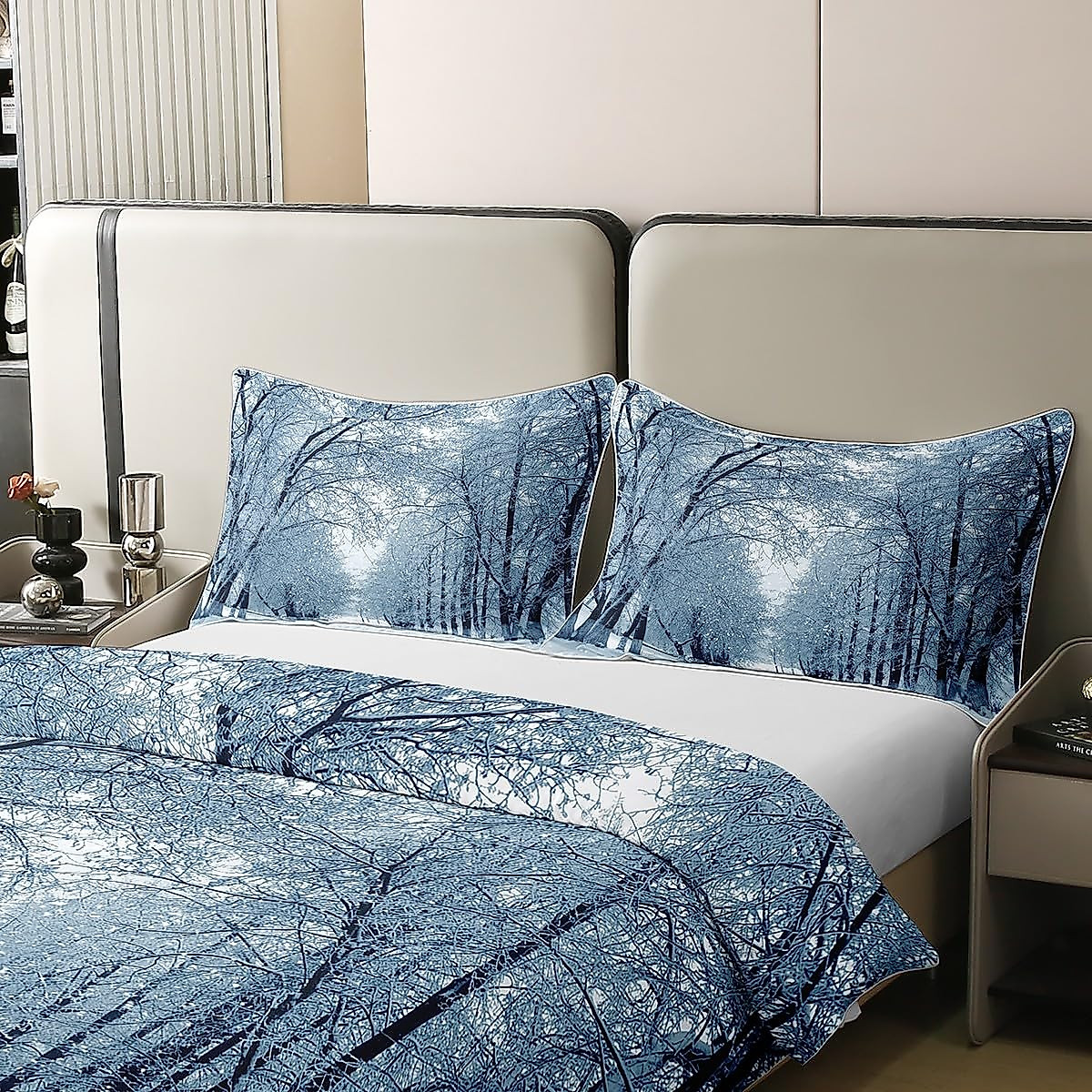 Erosebridal 100% Natural Cotton Winter Duvet Cover Queen, Blue Snow Snowstorm Bedding Set, Park Winter Landscape Scene Comforter Cover, Snowy Woodland Trees Bedroom Decor Soft Breathable Quilt Cover