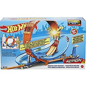 Hot Wheels Toy Car Track Set Massive Loop Mayhem, 28-in Tall Loop, Powered by Motorized Booster, 1:64 Scale Car