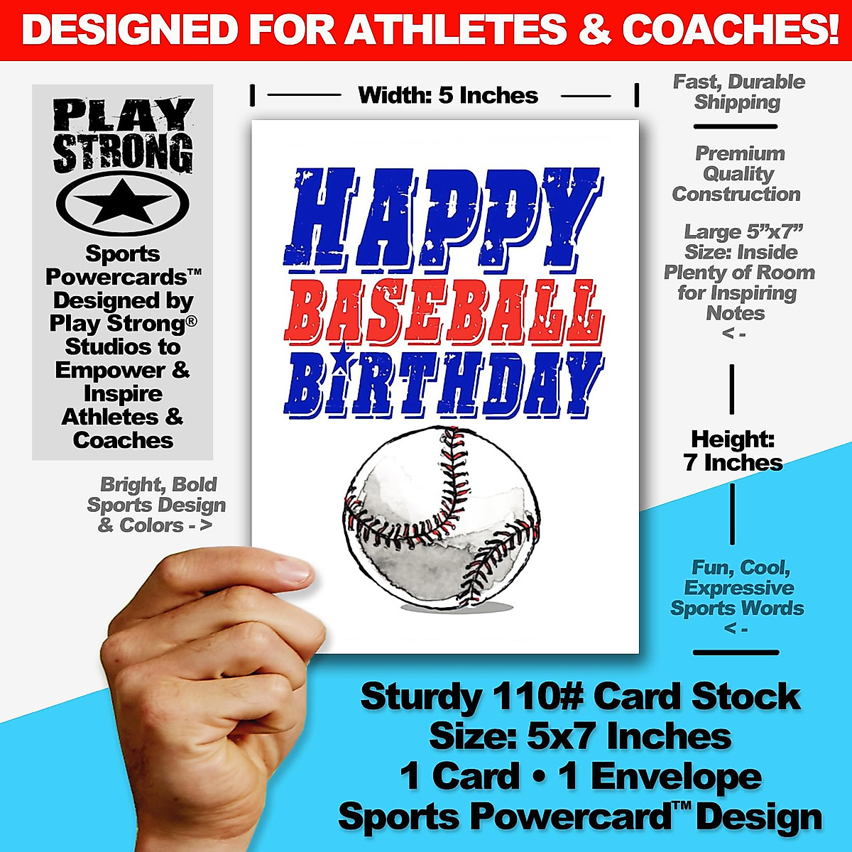 Play Strong Baseball Birthday Card 1-Pack (5x7) Super Star Illustrated Sports Birthday Cards Greeting Cards- Awesome for Baseball Players, Coaches and Fans Birthdays, Gifts and Parties!