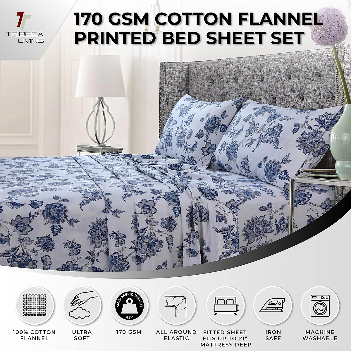Tribeca Living Ultra-Soft Flannel Sheet Set, 170-GSM Cotton, Deep Pocket, Cozy Winter Bedding - Queen, Floral Deep Blue