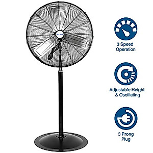 BILT HARD 6450 CFM 24" High Velocity Pedestal Oscillating Fan, 3-Speed Heavy Duty Industrial Standing Fan with Aluminum Blades and Adjustable Height, Metal Shop Fan for Commercial, and Garage