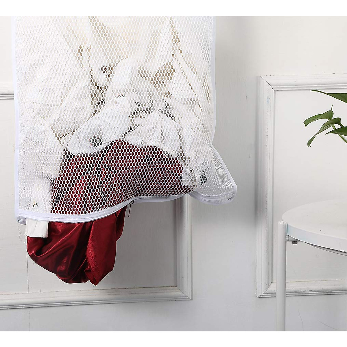 Dearjana Door-Hanging Mesh Laundry Hamper Bag, Space Saving Corner Small Laundry Basket Dirty Clothes Hamper with Rotating Metal Hanger for Apartment, RV, Camper, Cabin, College Dorm Use(White)