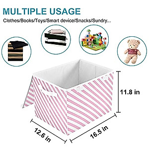 CaTaKu Pink Stripes Storage Bins with Lids and Handles, Fabric Large Storage Container Cube Basket with Lid Decorative Storage Boxes for Organizing Clothes