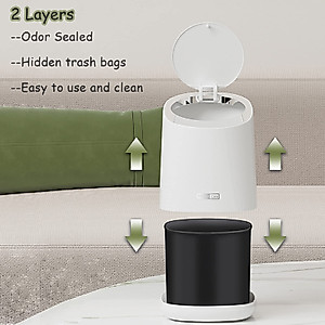 QLFJ-FurDec Mini Desktop Trash Can with 90 Trash Bags, Press-Type Countertop Wastebasket with Lid, Small Plastic Garbage Can for Bathroom Bedroom Living Room Dressing Table(White)
