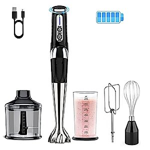 Cordless Immersion Blender: 4-in-1 Cordless Hand Blender Rechargeable, 21-Speed & 3-Angle Adjustable with 304 Stainless Steel Blades, Chopper, Beaker, Whisk and Beater for Milkshakes | Smoothies | Soup| Puree | Baby Food (Black)