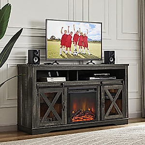 Okvnbjk Fireplace TV Stand for TVs up to 70", Entertainment Center with 18" Electric Fireplace, Farmhouse TV Stand Industrial Media Console with Sliding Barn Door for Living Room, 58 Inch, Dark Oak